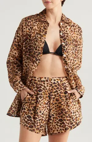 Vitamin A® Playa Oversize Linen Cover-up Shirt - Luxe Leopard