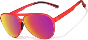 Zenni Aviator Sunglasses With Plastic Full Rim Frame Neon Red With Flame Mirror