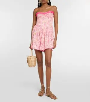 Poupette St Barth Claire Strapless Mini Dress In White Pink Nature Floral