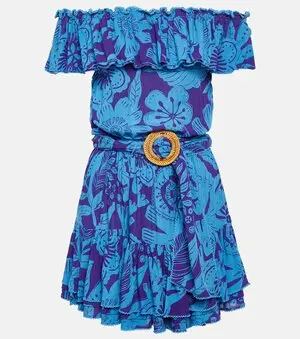 Poupette St Barth Bella Printed Off-shoulder Minidress - Blue