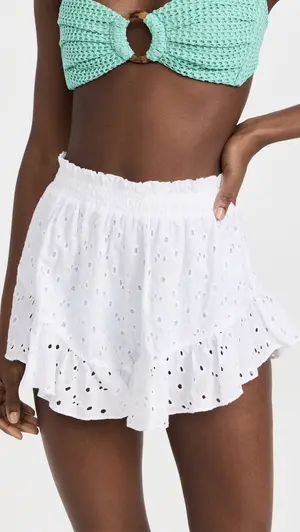 Playa Lucila Ruffle Hem Eyelet Shorts - White