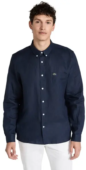 Lacoste Regular Fit Linen Casual Button Down Shirt - Navy Blue
