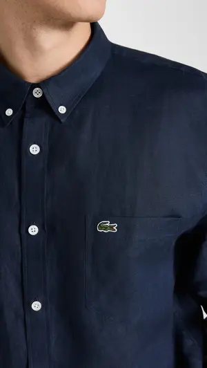 Lacoste Regular Fit Linen Casual Button Down Shirt - Navy Blue