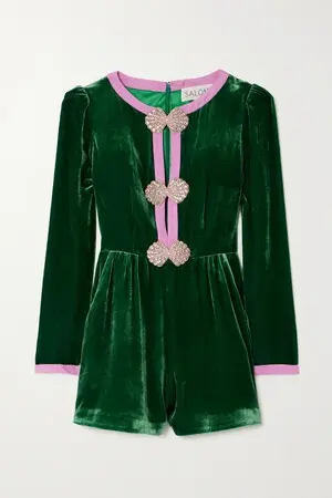 Saloni Camille Embellished Velvet Playsuit - Green
