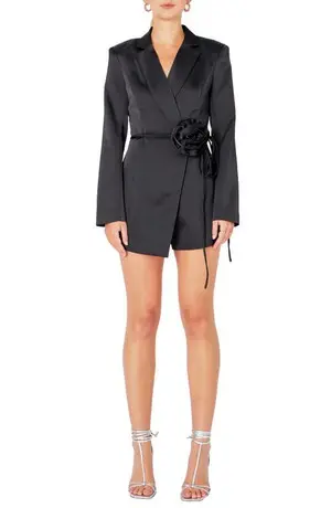 Endless Rose Corsage Tie Long Sleeve Romper - Black