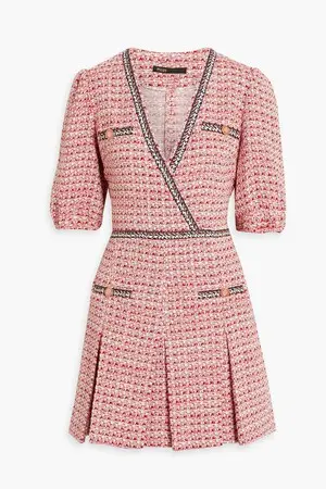 Maje Pleated Metallic Cotton Blend Tweed Mini Dress