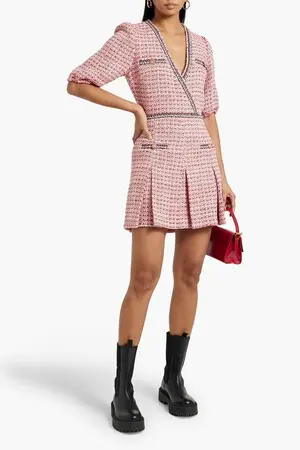 Maje Pleated Metallic Cotton Blend Tweed Mini Dress