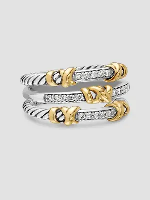 David Yurman Petite Helena Wrap Three Row Ring Sterling With 18k Yellow Gold And Diamonds