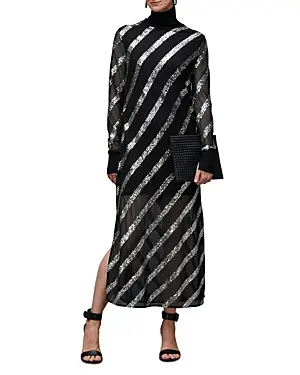 Allsaints Juela Mesh Sequin Striped Midi Dress In Black/ Silver - 50% Off |  Editorialist