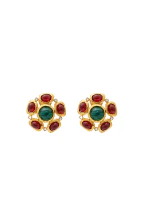 KENNETH JAY LANE Ruby And Emerald Cabochon Clip On Earrings - Gold