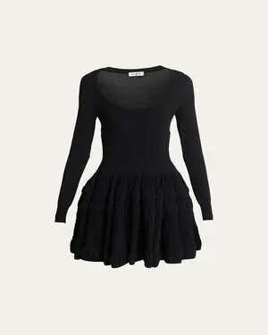 Alaïa Scoop-Neck Wool Skater Mini Dress With 3-D Detail - Noir Alaia