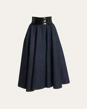 Alaïa Embossed Leather Belted Denim Midi Skirt - Bleu Denim