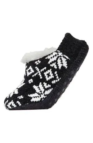 MEMOI Nordic Pattern Fleece-lined Slipper Socks - Black