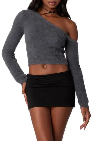 EDIKTED Frannie One-shoulder Fuzzy Crop Top