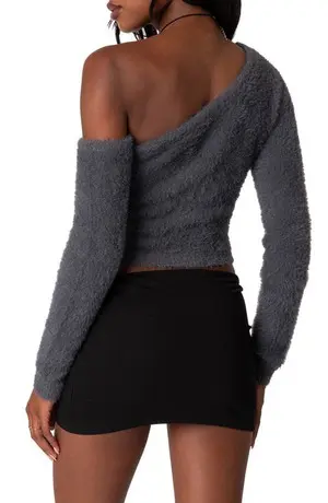 EDIKTED Frannie One-shoulder Fuzzy Crop Top