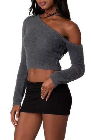 EDIKTED Frannie One-shoulder Fuzzy Crop Top