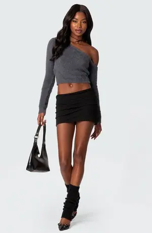 EDIKTED Frannie One-shoulder Fuzzy Crop Top