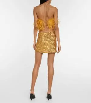 Oseree Feather-trimmed Sequin Miniskirt