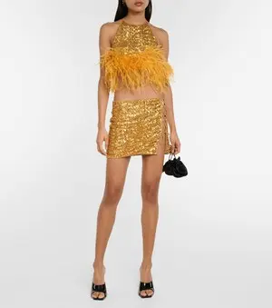 Oseree Feather-trimmed Sequin Miniskirt