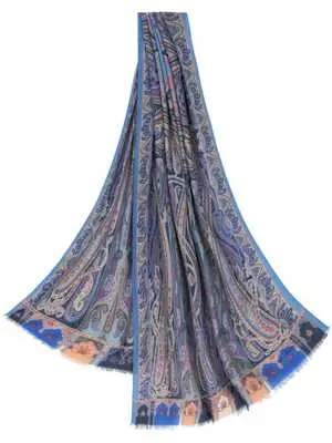 Etro Paisley-print Frayed-edge Cashmere-blend Scarf - Blue
