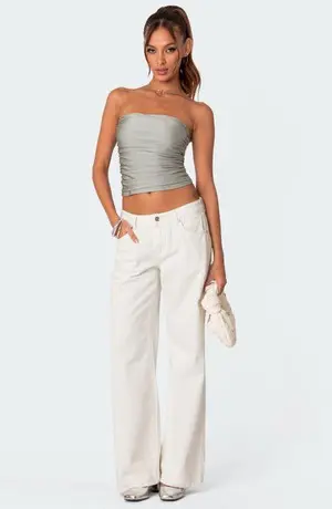 EDIKTED Maxeen Shiny Ruched Crop Tube Top - Silver