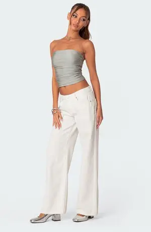 EDIKTED Maxeen Shiny Ruched Crop Tube Top - Silver