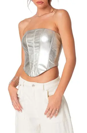 EDIKTED Mabel Metallic Faux Leather Corset Top