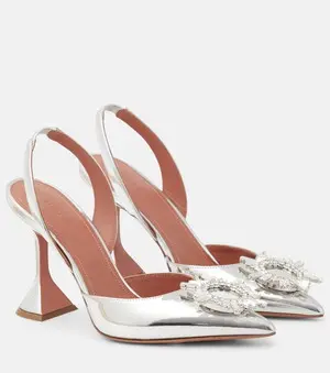 Amina Muaddi Begum Mirrored Leather Slingback Pumps - Silver