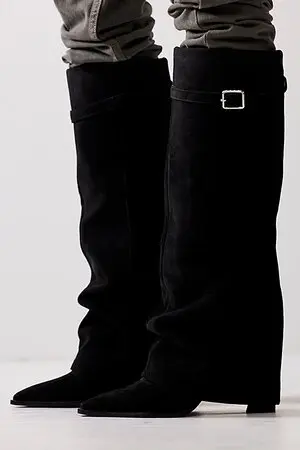 Free People Felicity Suede Foldover Boots - Black Suede