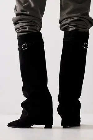 Free People Felicity Suede Foldover Boots - Black Suede