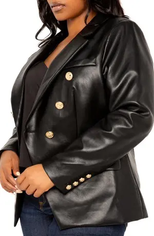 BUXOM COUTURE Faux Leather Double Breasted Blazer