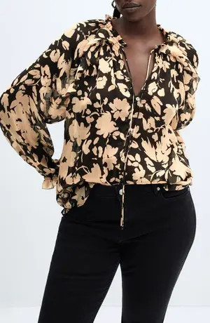 Mango Flowy Floral Tie-neck Blouse