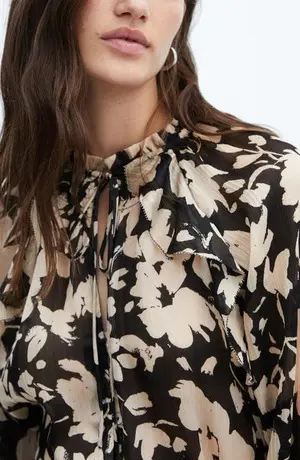 Mango Flowy Floral Tie-neck Blouse