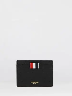 Thom Browne Flat Card Holder In Grained Leather With Stripe Pattern And Laminated Logo - Black