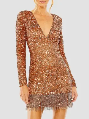 Mac Duggal Sequined V-neck Fringe Minidress - Copper