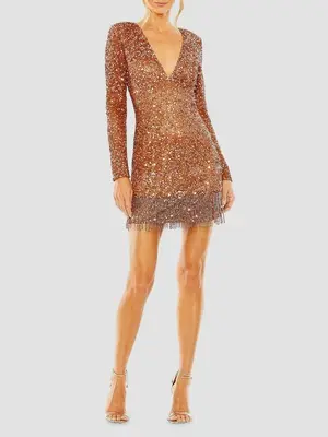 Mac Duggal Sequined V-neck Fringe Minidress