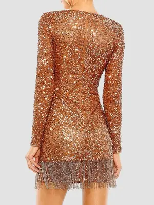 Mac Duggal Sequined V-neck Fringe Minidress