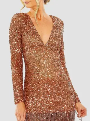 Mac Duggal Sequined V-neck Fringe Minidress