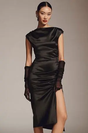 Bhldn Francesca High-neck Stretch Satin Midi Dress - Black