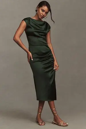 High-neck stretch satin midi dresses