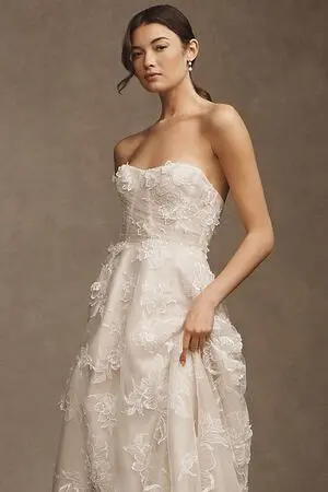 Watters Arien Strapless Floral Appliqué Gown