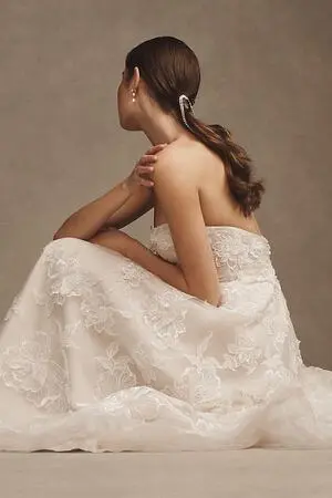 Watters Arien Strapless Floral Appliqué Gown