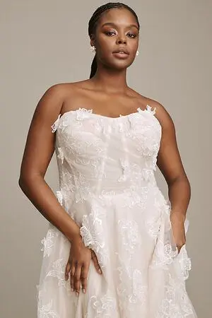 Watters Arien Strapless Floral Appliqué Gown