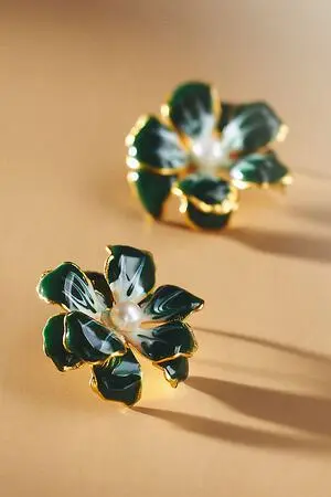 THE PINK REEF Handpainted Floral Post Earrings Emerald Green