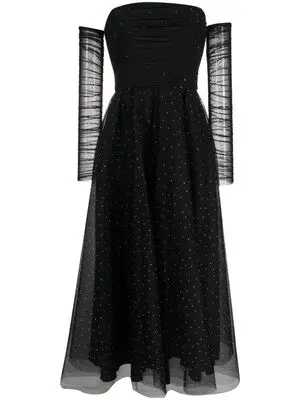NISSA Rhinestone-embellished Tulle Off-shoulder Midi Dress
