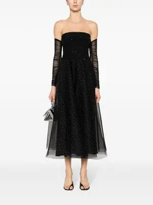NISSA Rhinestone-embellished Tulle Off-shoulder Midi Dress