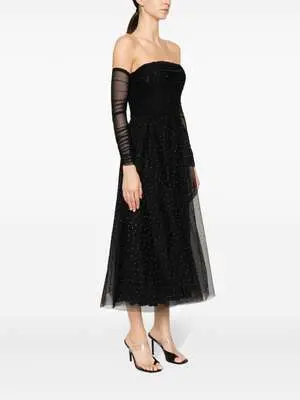 NISSA Rhinestone-embellished Tulle Off-shoulder Midi Dress