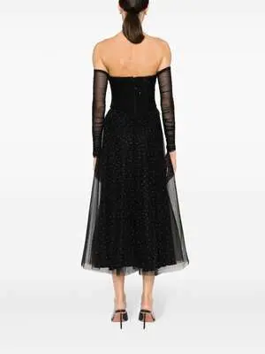 NISSA Rhinestone-embellished Tulle Off-shoulder Midi Dress