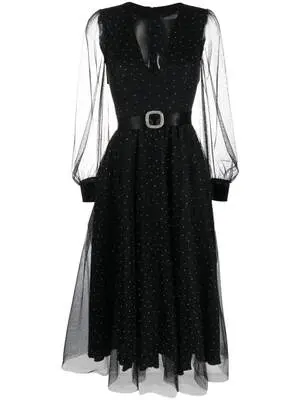 NISSA Crystal Embellished Belted Tulle Dress