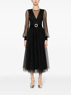 NISSA Crystal Embellished Belted Tulle Dress